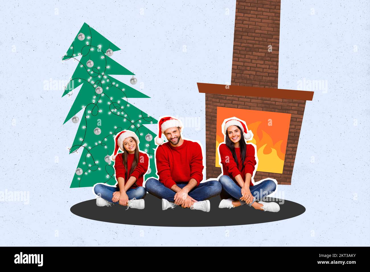 Collage photo full family trio people chilling near fireplace wear same ...
