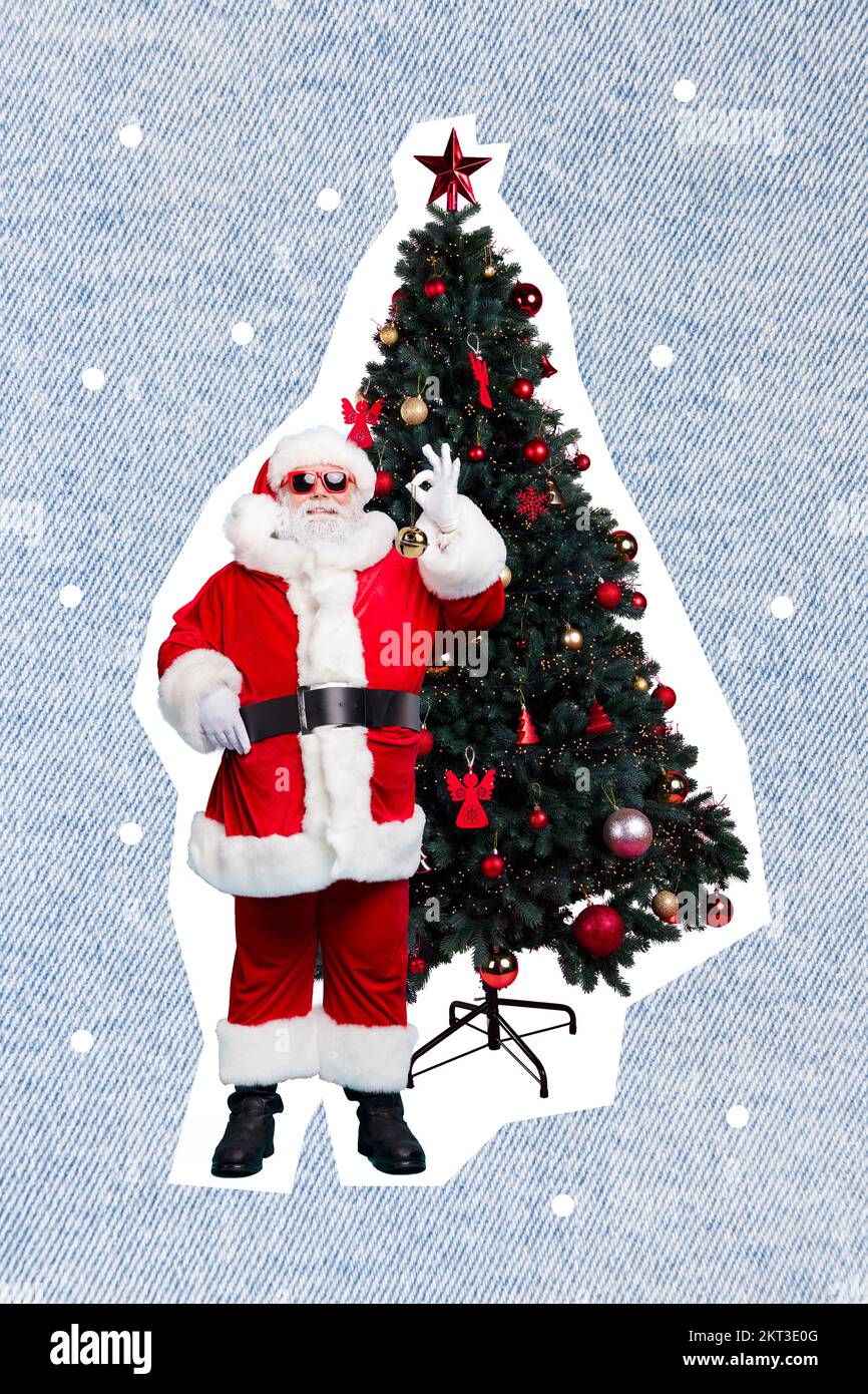 Christmas poster collage of funny santa claus stand pine tree make okay ...