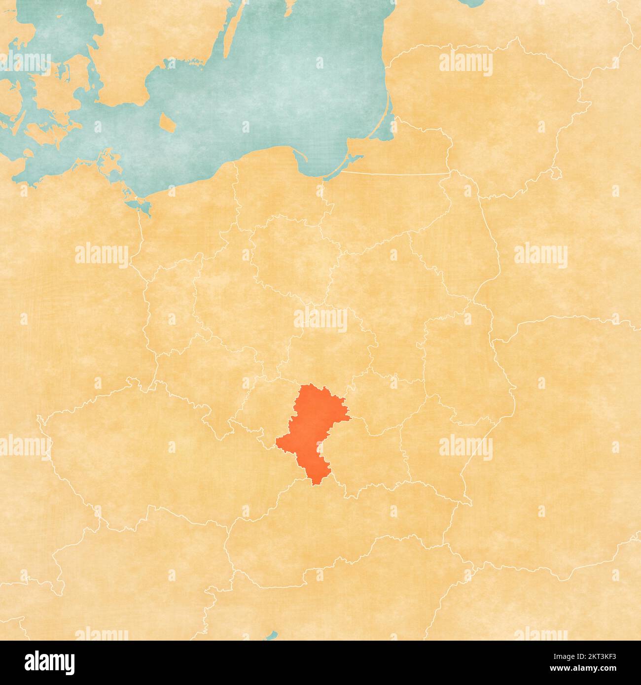 Silesia on the map of Poland in soft grunge and vintage style, like old ...