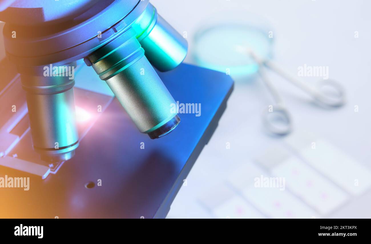 Microscope in research laboratory. Scientific, medical, education ...