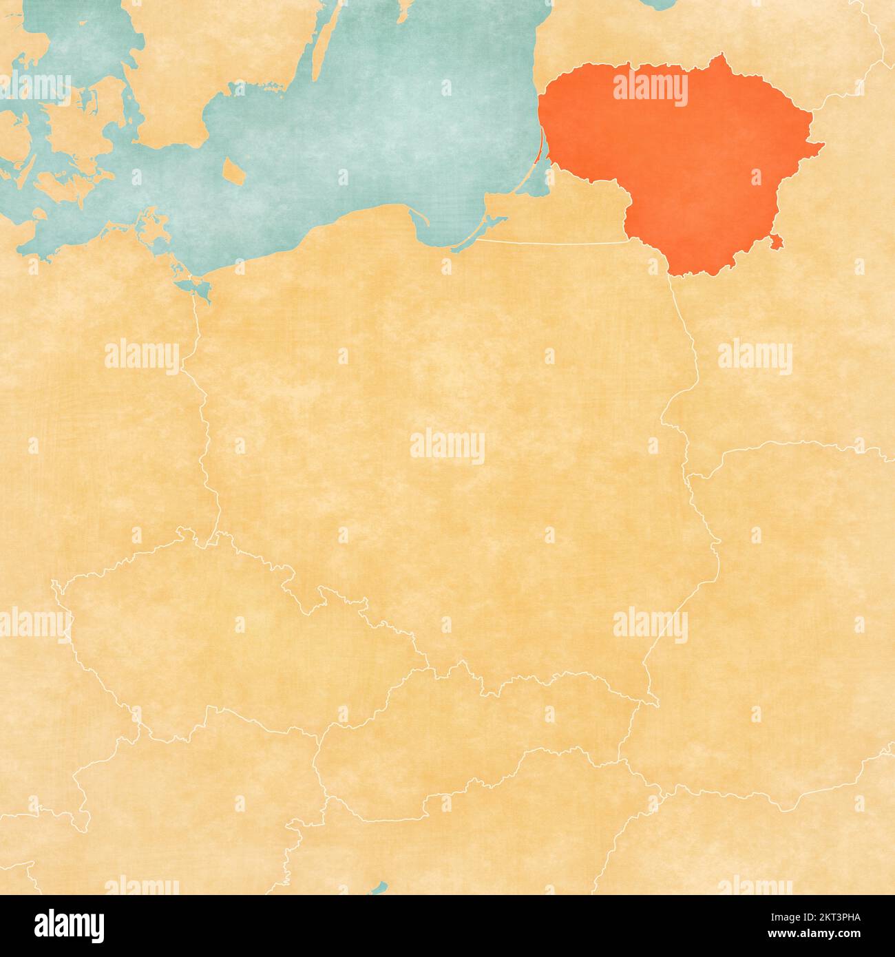Lithuania on the map of Poland in soft grunge and vintage style, like ...