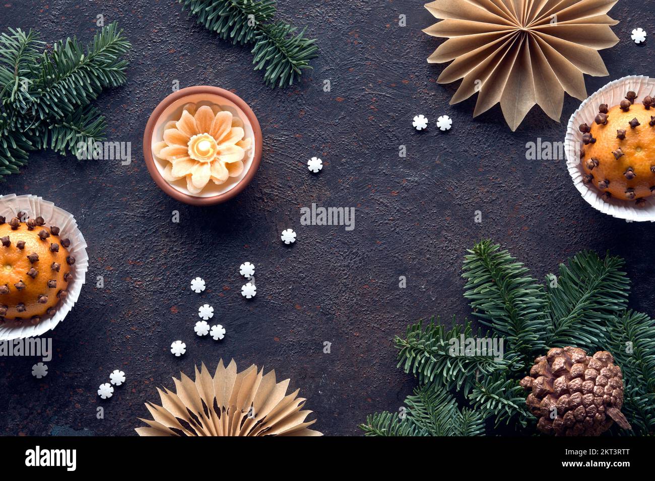 Wintertime dark background with fragrant pomander balls. Classical ...