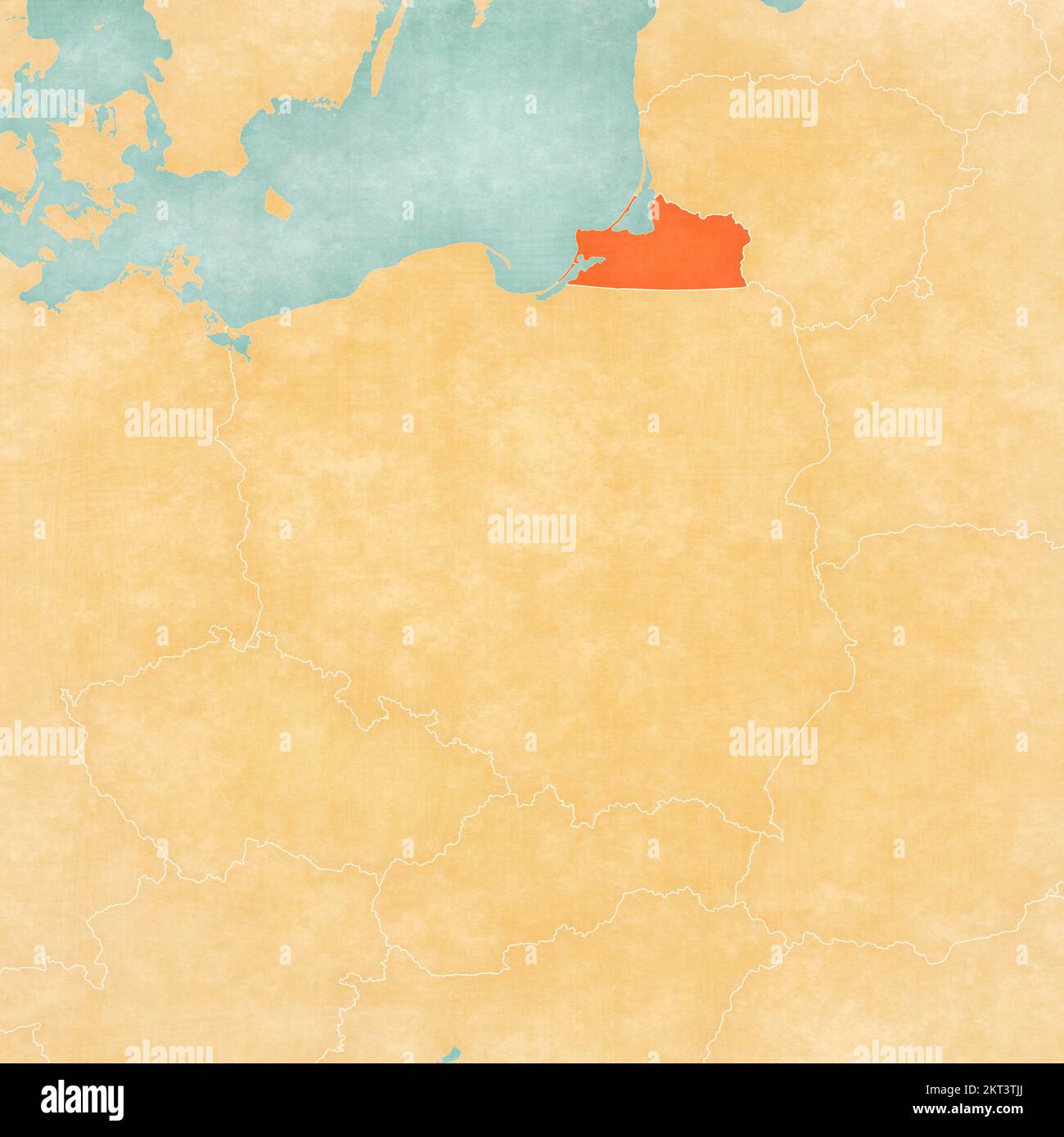 Kaliningrad on the map of Poland in soft grunge and vintage style, like ...