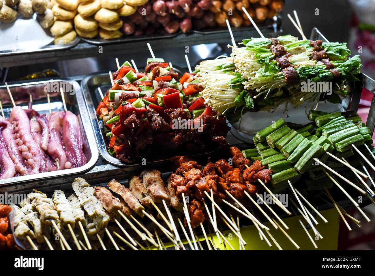 Many snacks and seafood in vietnamese night market in Da Lat Stock ...