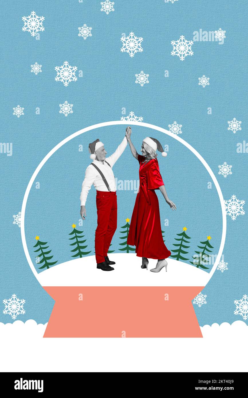 X mas poster banner of holly jolly couple dancing under snow globe ...