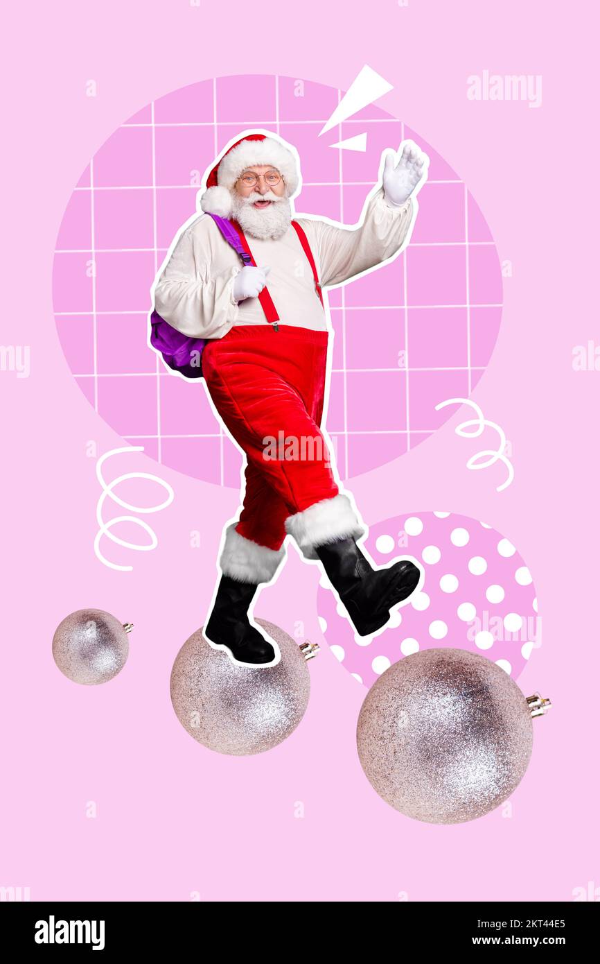 Christmas banner collage of funky santa claus walk from north pole to ...