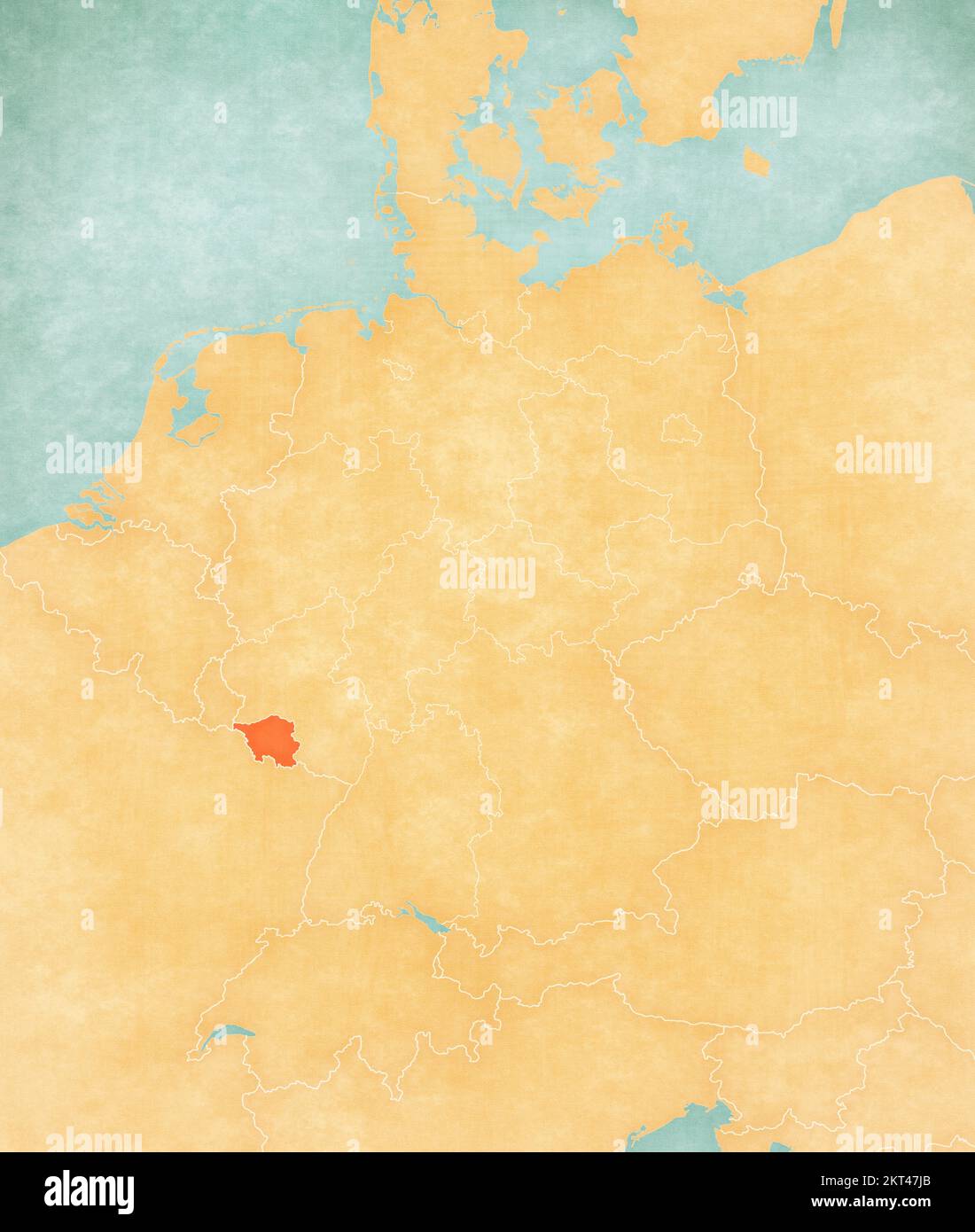 Saarland on the map of Germany in soft grunge and vintage style, like ...