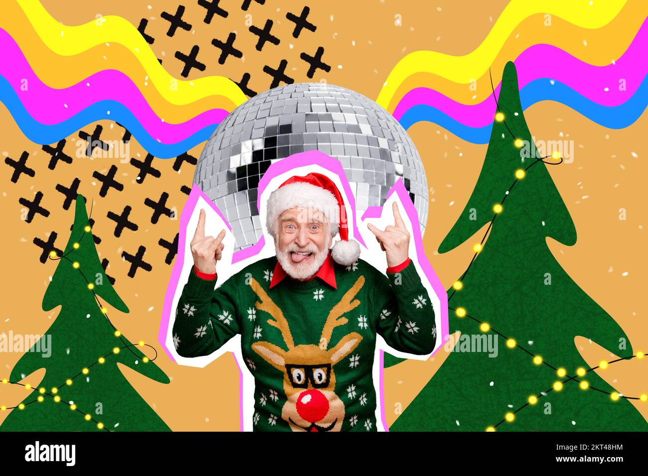 Collage photo of old pensioner man wear green ugly sweater showing rock ...