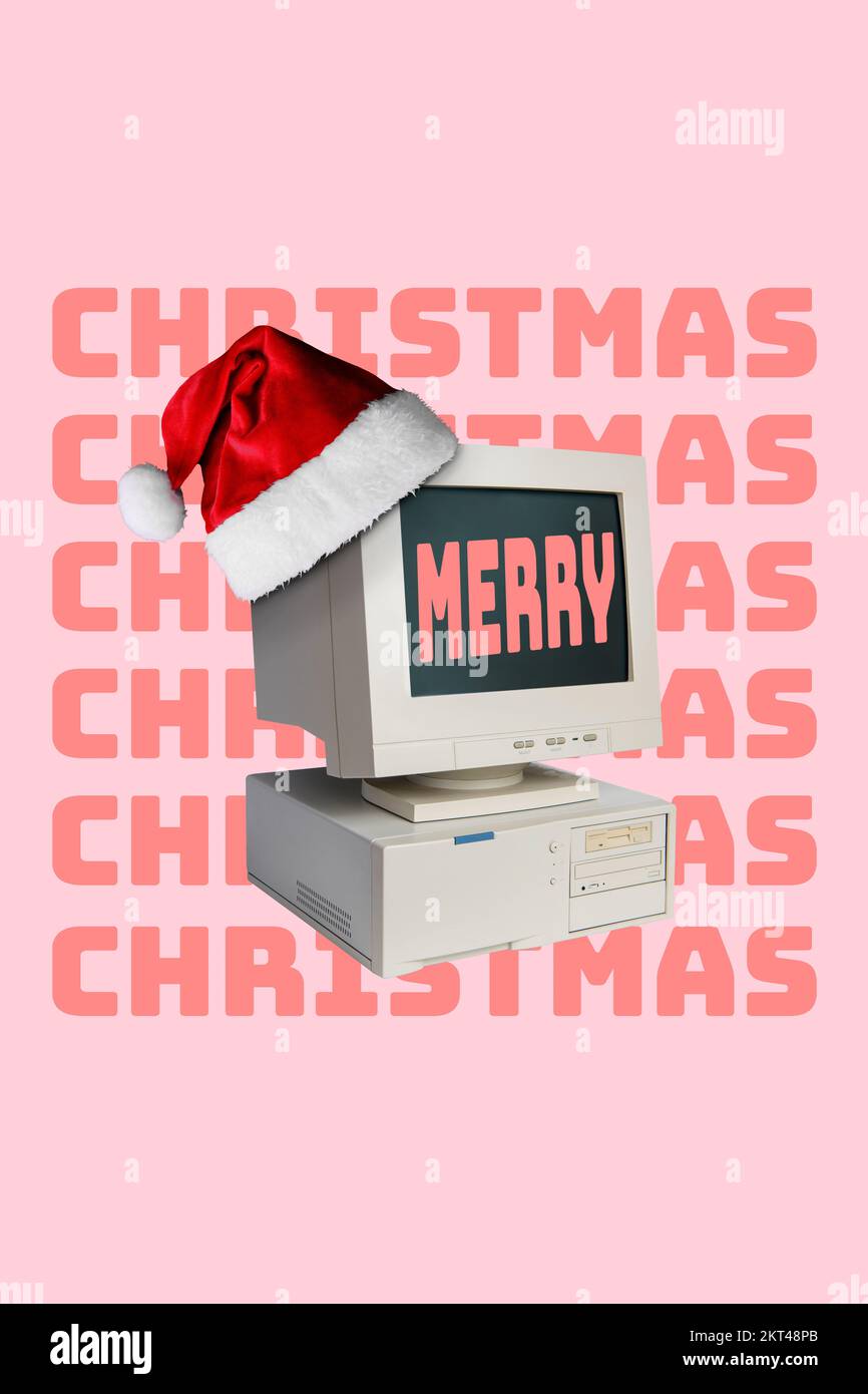 Collage photo picture of old retro computer with christmas greetings ...