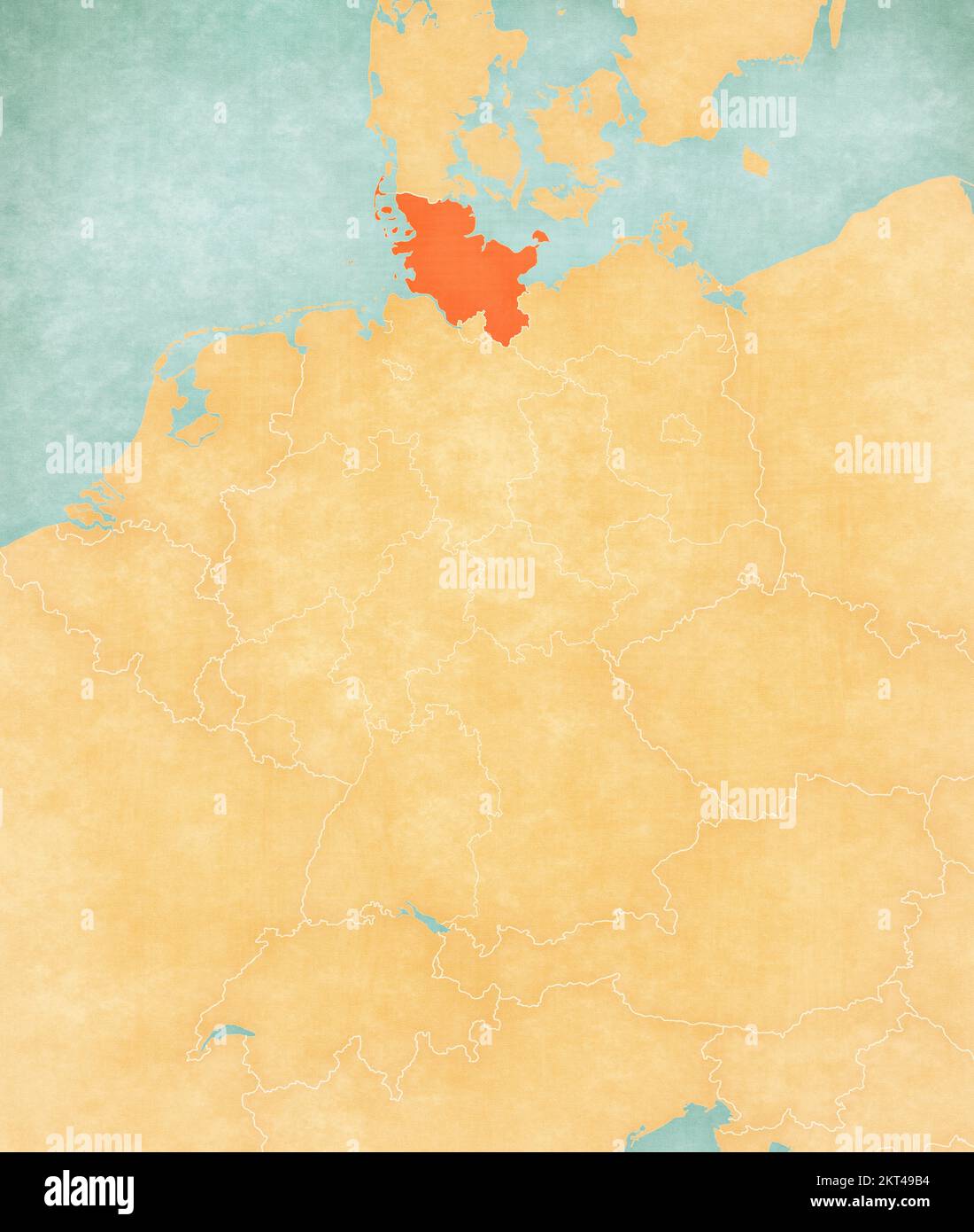 Schleswig-Holstein on the map of Germany in soft grunge and vintage ...