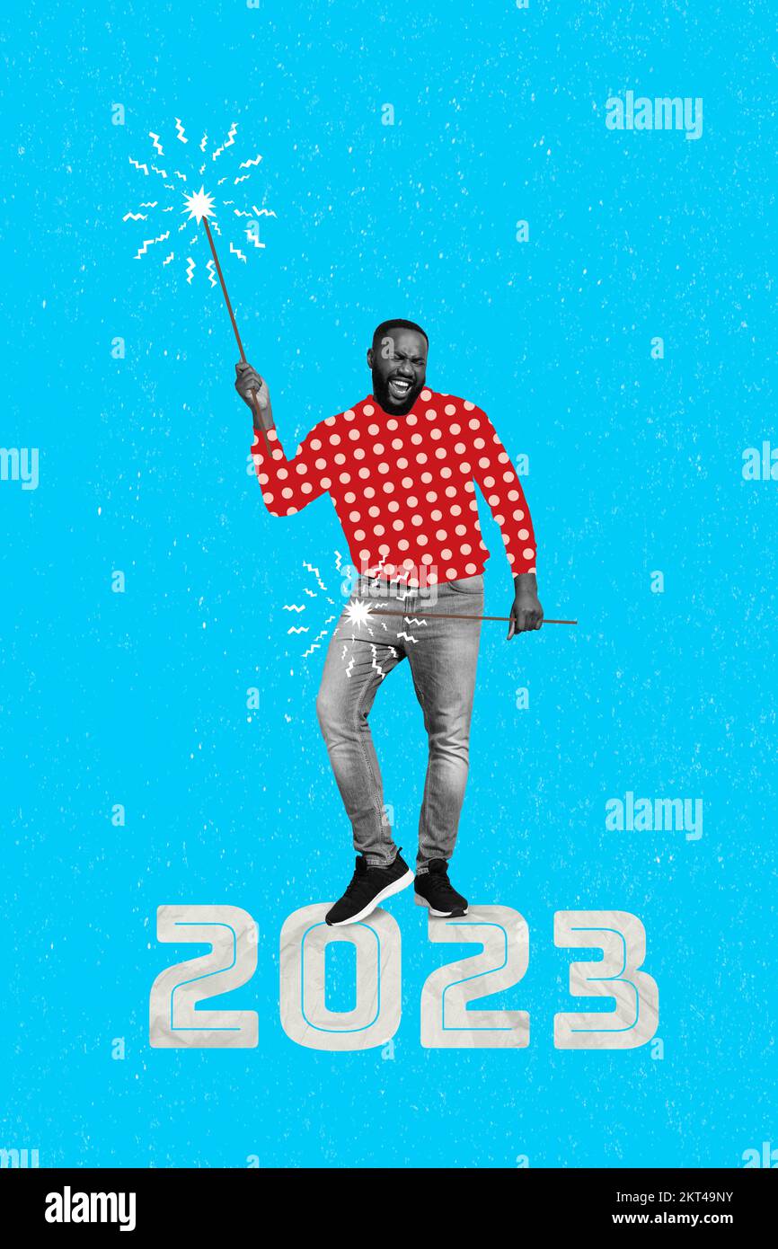 Collage photo of funky youngster guy hold fireworks wear red painted ...