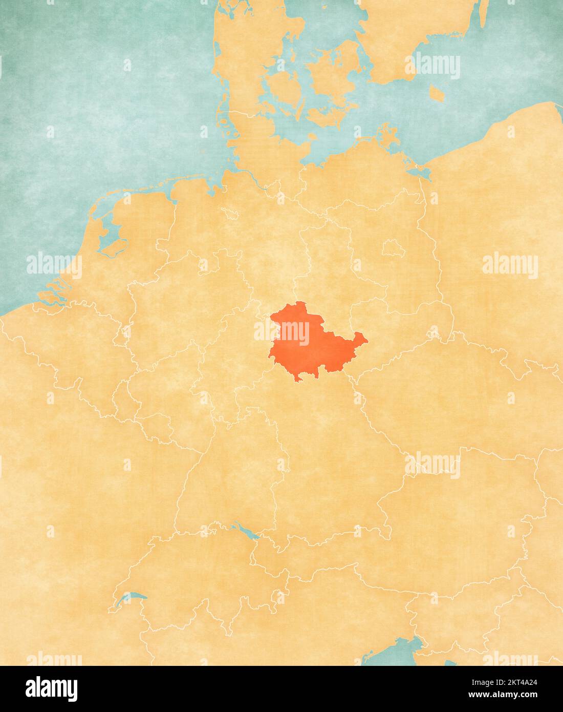 Thuringia on the map of Germany in soft grunge and vintage style, like ...