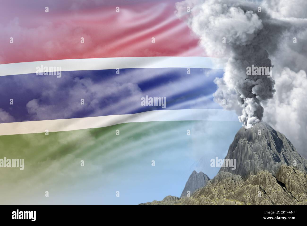 conical volcano blast eruption at day time with white smoke on Gambia ...