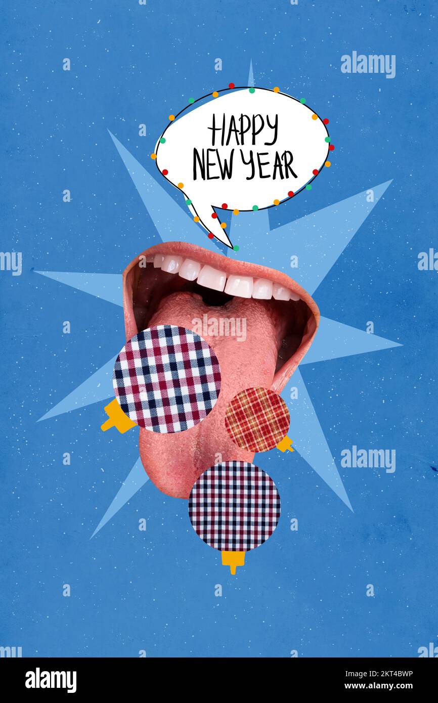 X mas brochure collage of absurd people mouth speaking happy new year ...