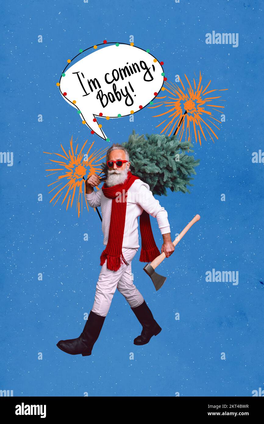 Collage photo of old age confident cool grandfather santa claus bring ...
