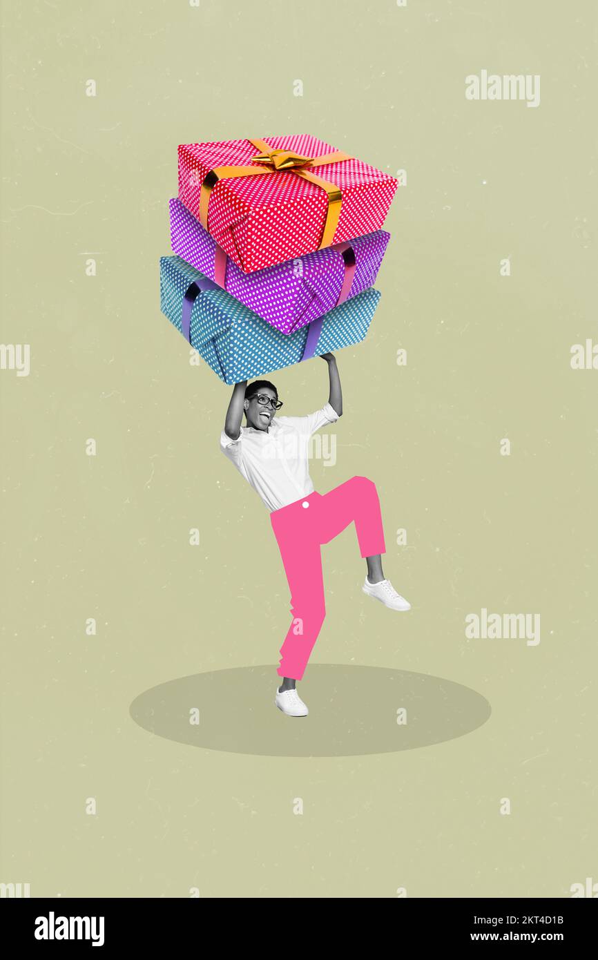 Collage picture of young excited woman wear painted outfit hold stack ...