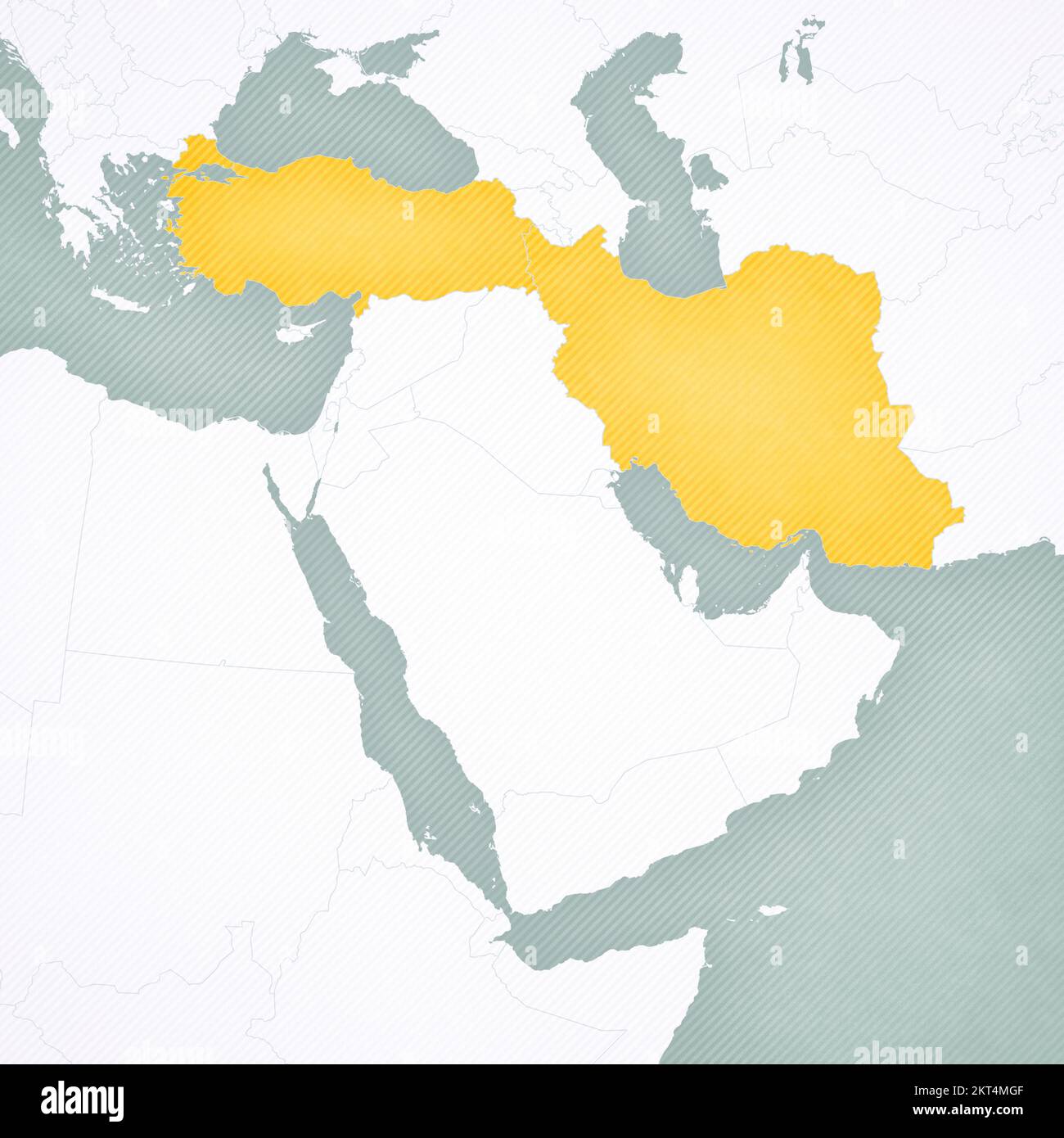 Turkey and Iran on the map of Middle East (Western Asia) with softly ...