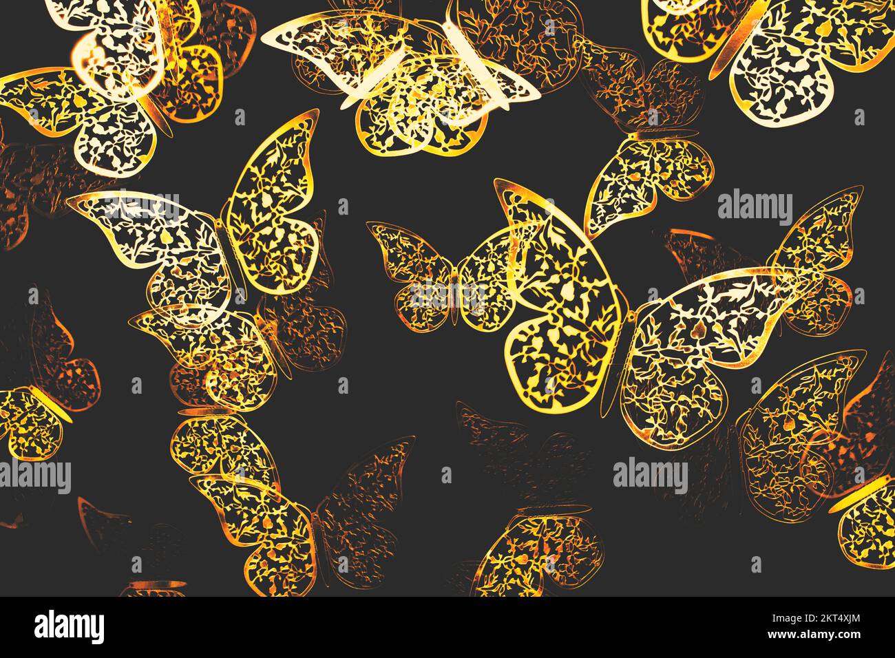 Butterfly fine art on a golden scattering of flying foil decorations in ...