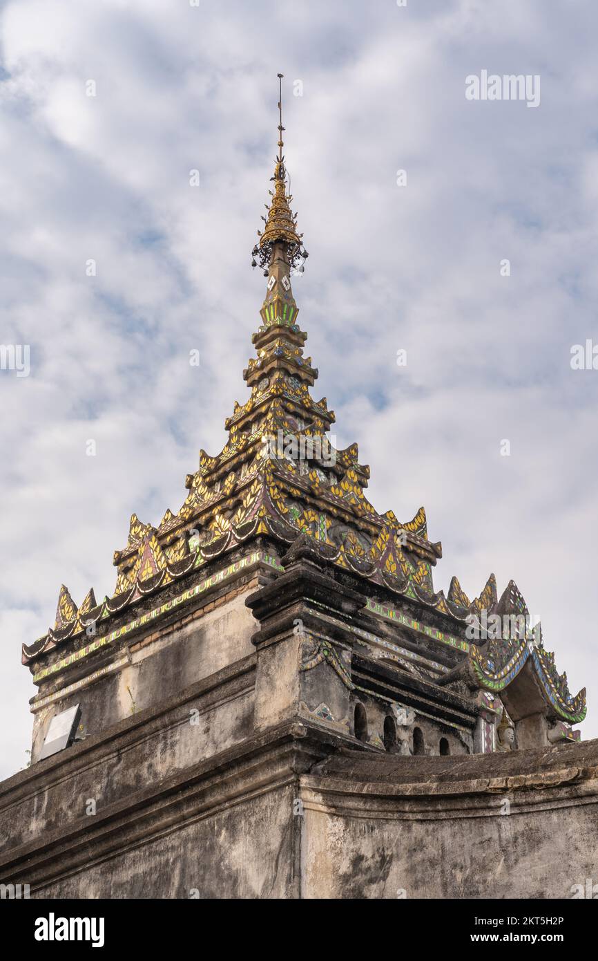 Low angle view of seven tier roof spire above ancient vihara or ...