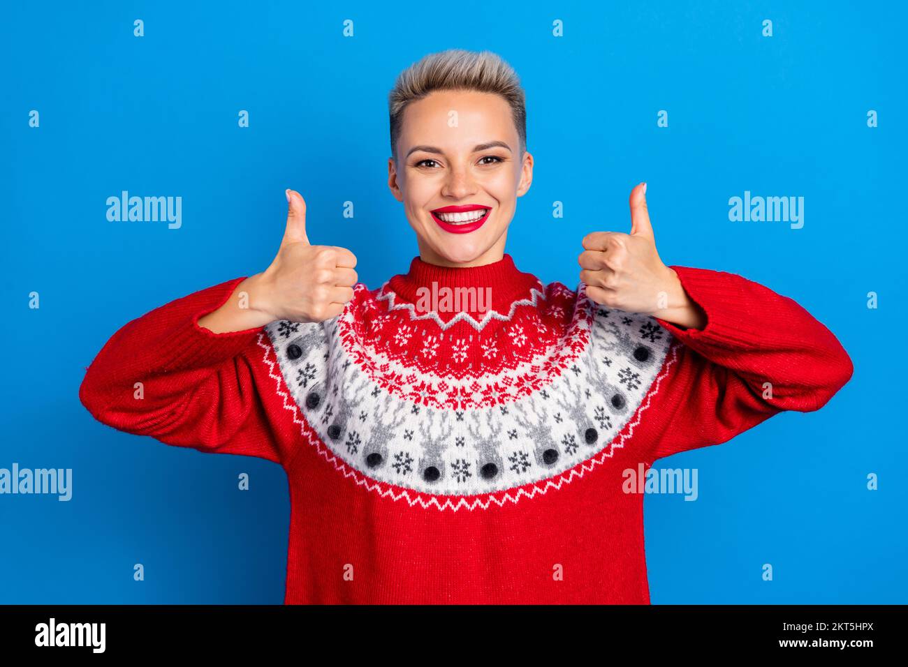 Portrait of young attractive girl blond short haircut smiling winter ...