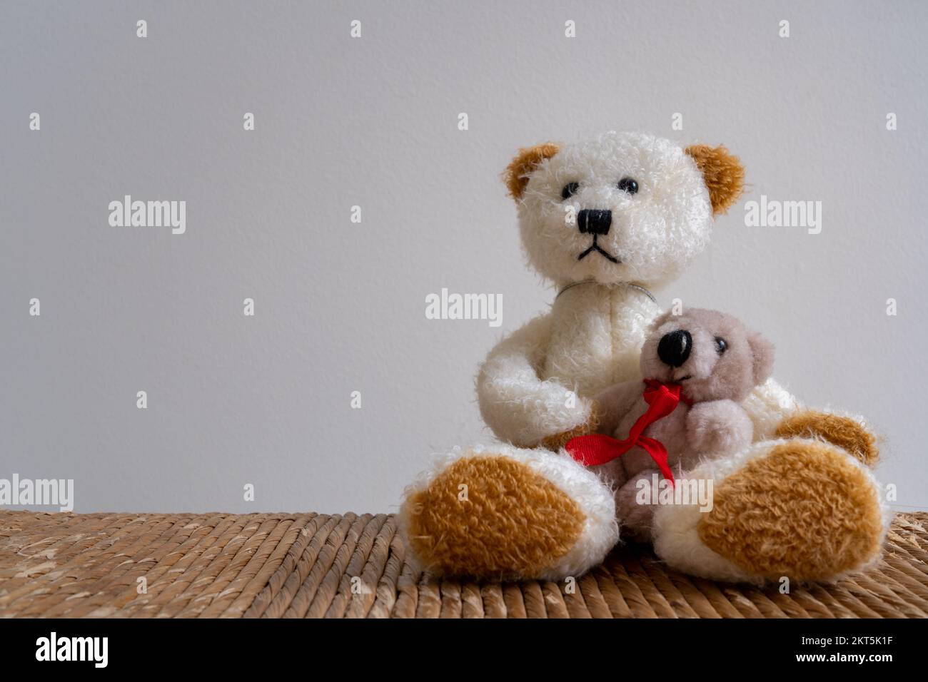 Closeup of white and brown teddy bear with cute bear cub wearing red ...