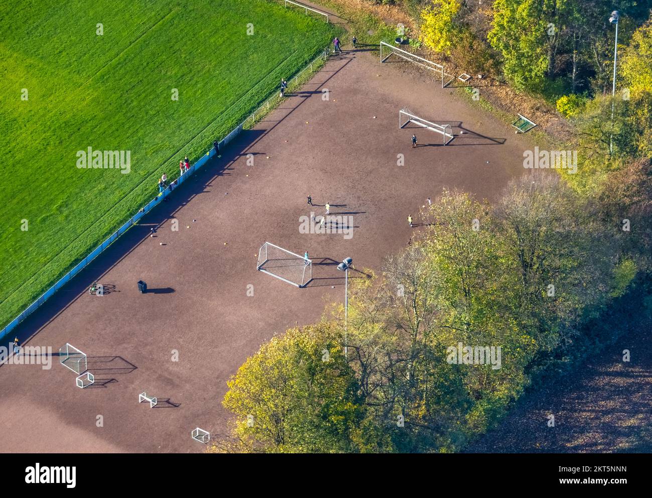 Aerial view, youth soccer players, training ground, next to sports ...