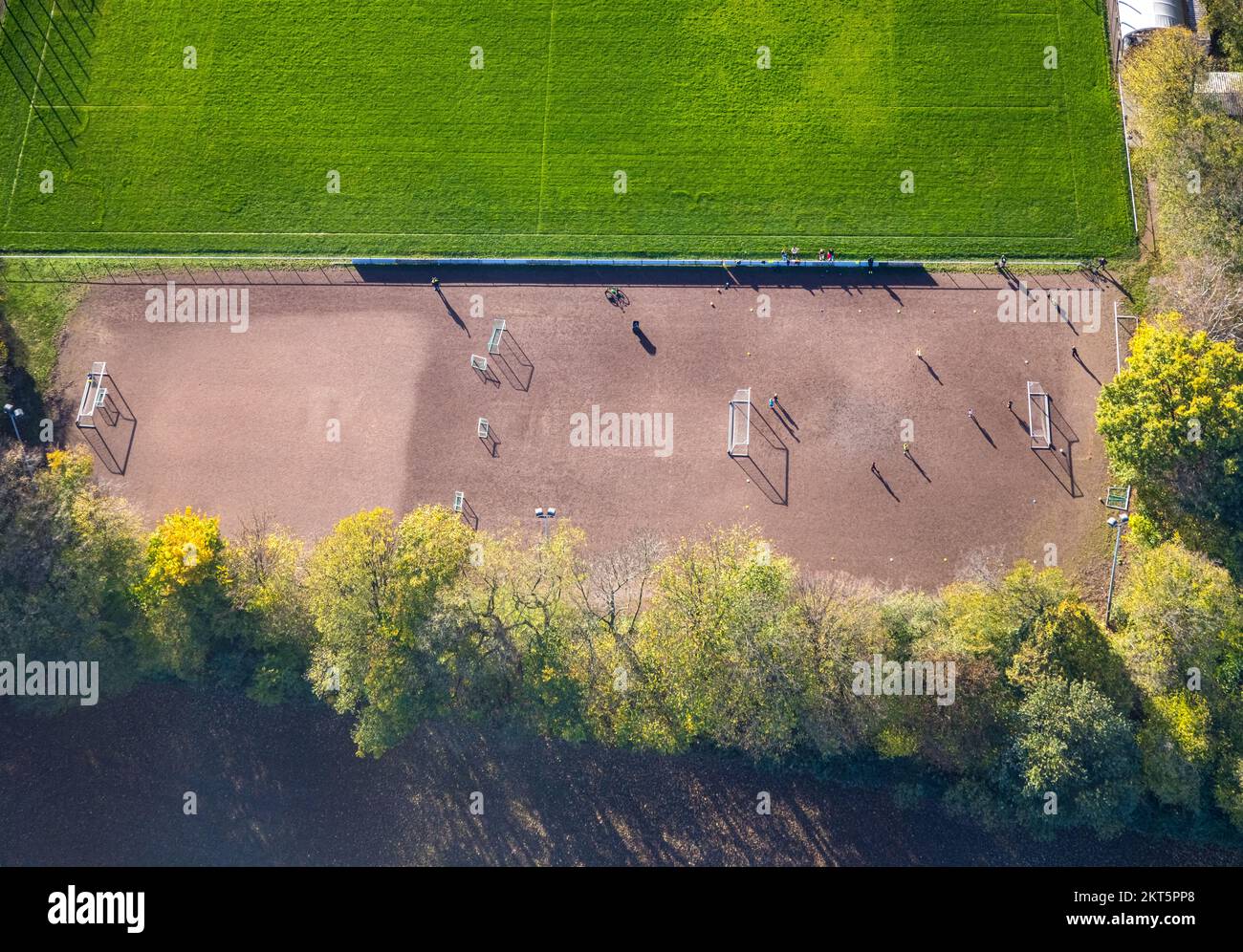 Aerial view, youth soccer players, training ground, next to sports ...