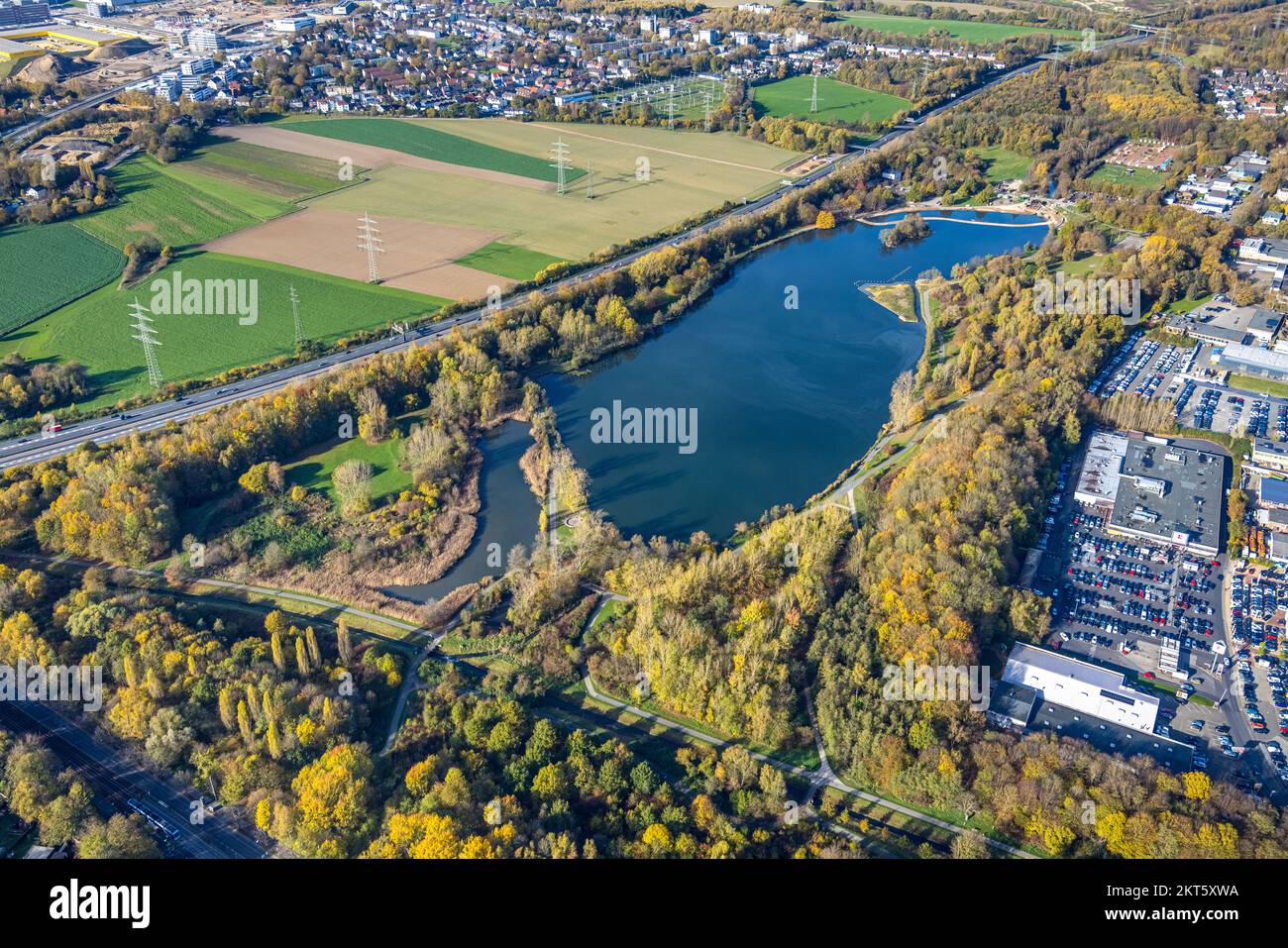 Aerial view, Lake Ümmingen, new dam construction work, Langendreer ...
