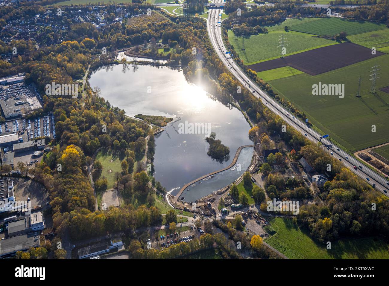 Aerial view, Lake Ümmingen, new dam construction work, Langendreer ...
