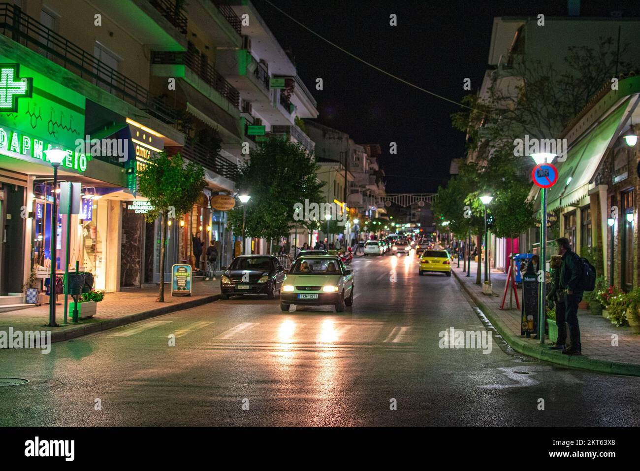 Nightlife and urban view from the center of Kalambaka city at night in ...