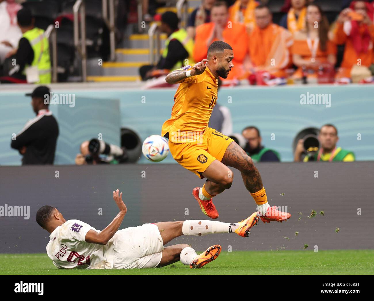 Al Khor, Qatar. 29th Nov, 2022. Memphis Depay (Top) of the Netherlands ...