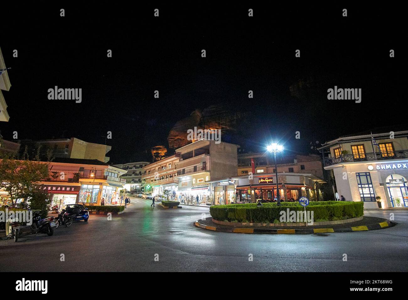 Nightlife and urban view from the center of Kalambaka city at night in ...