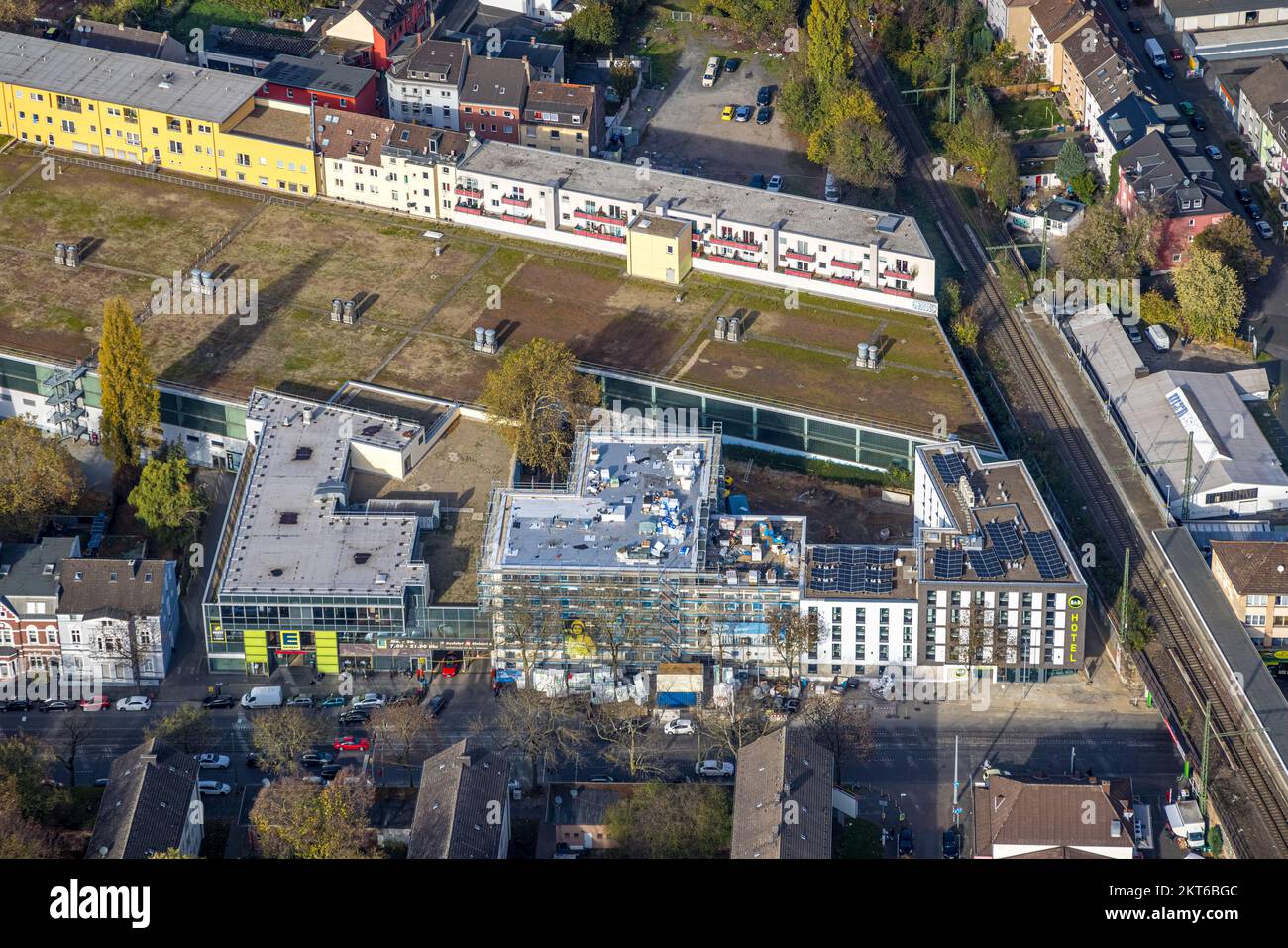 Aerial view, construction site and new building at Alleestraße at ...