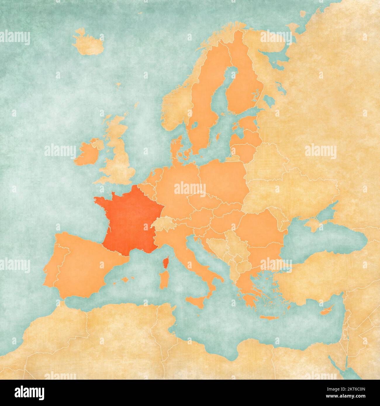 France on the map of European Union in soft grunge and vintage style ...