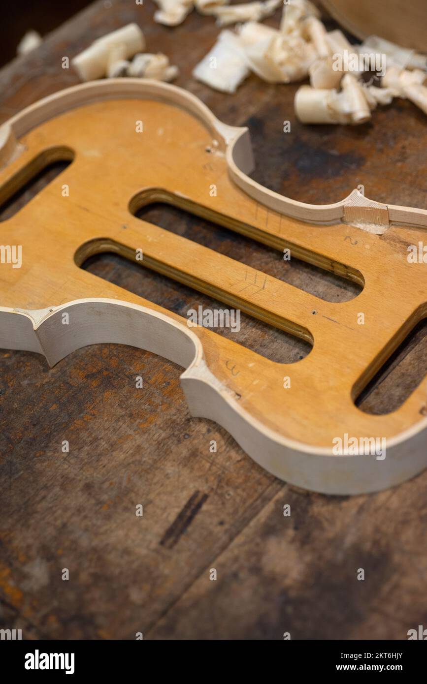 Italy, Lombardy, Cremona, Violin Maker Worshop, Close up of Violin ...