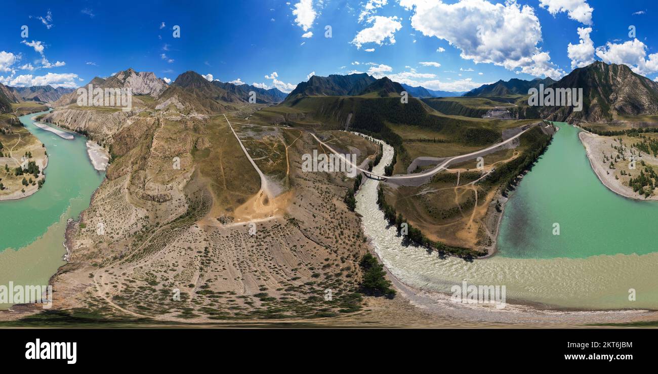 Aerial drone 360 panorama view of confluence of two rivers, Katun and ...