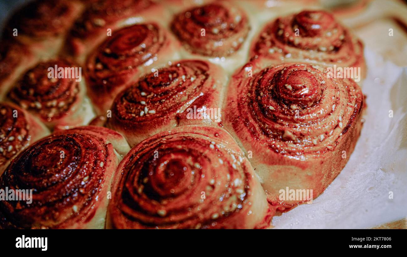 Freshly baked cinnamon buns with spices and cocoa filling on parchment ...