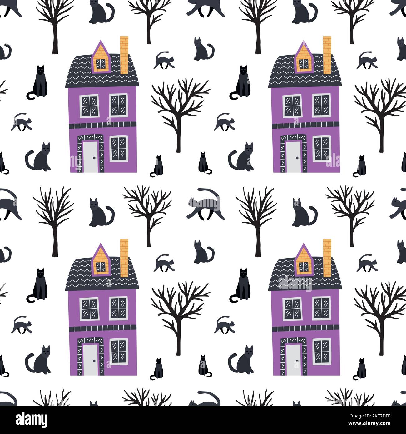 Black cats and country cottage pattern Stock Vector Image & Art - Alamy