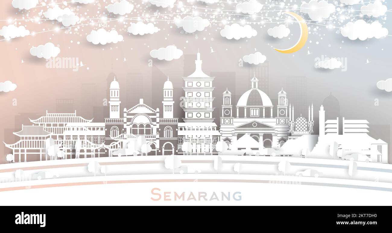 Semarang Indonesia City Skyline in Paper Cut Style with White Buildings ...