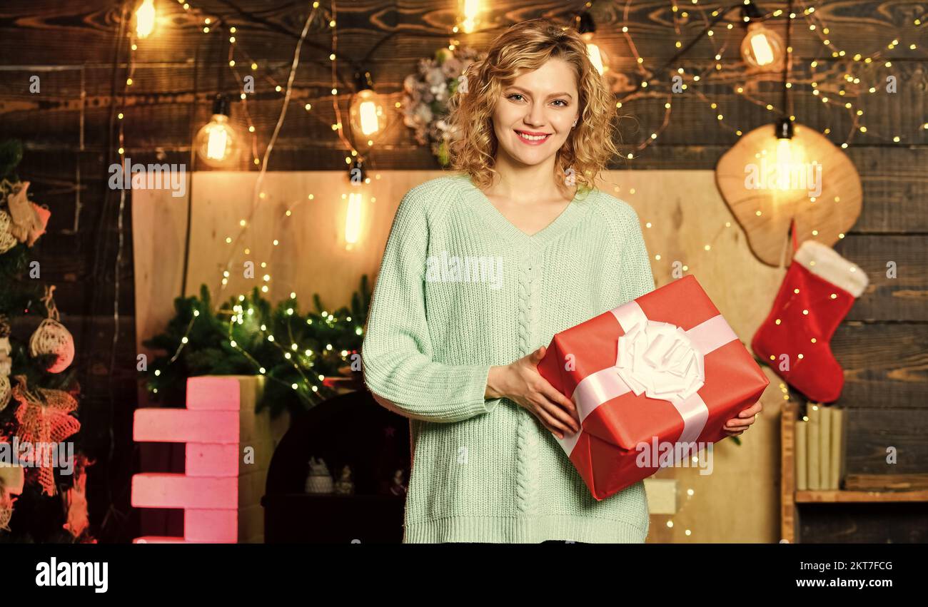 Be generous. Things to do before christmas. Woman hold gift box ...