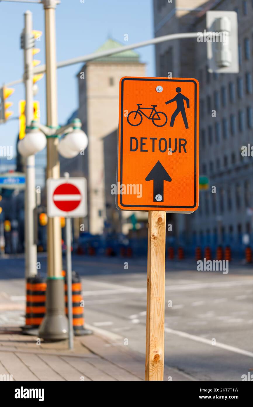 Detour sign for bikes and pedestrians. Closed way for bikes and walking ...