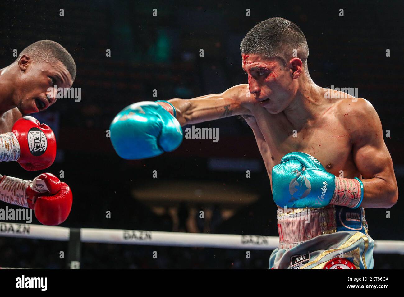 HERMOSILLO, MEXICO - SEPTEMBER 03: Hector Flores (blue gloves) fight ...