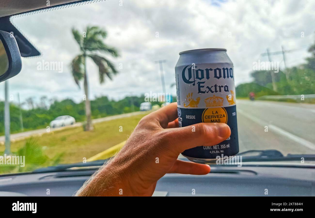 Corona Beer can in hand while driving a car in Cancun Quintana Roo ...
