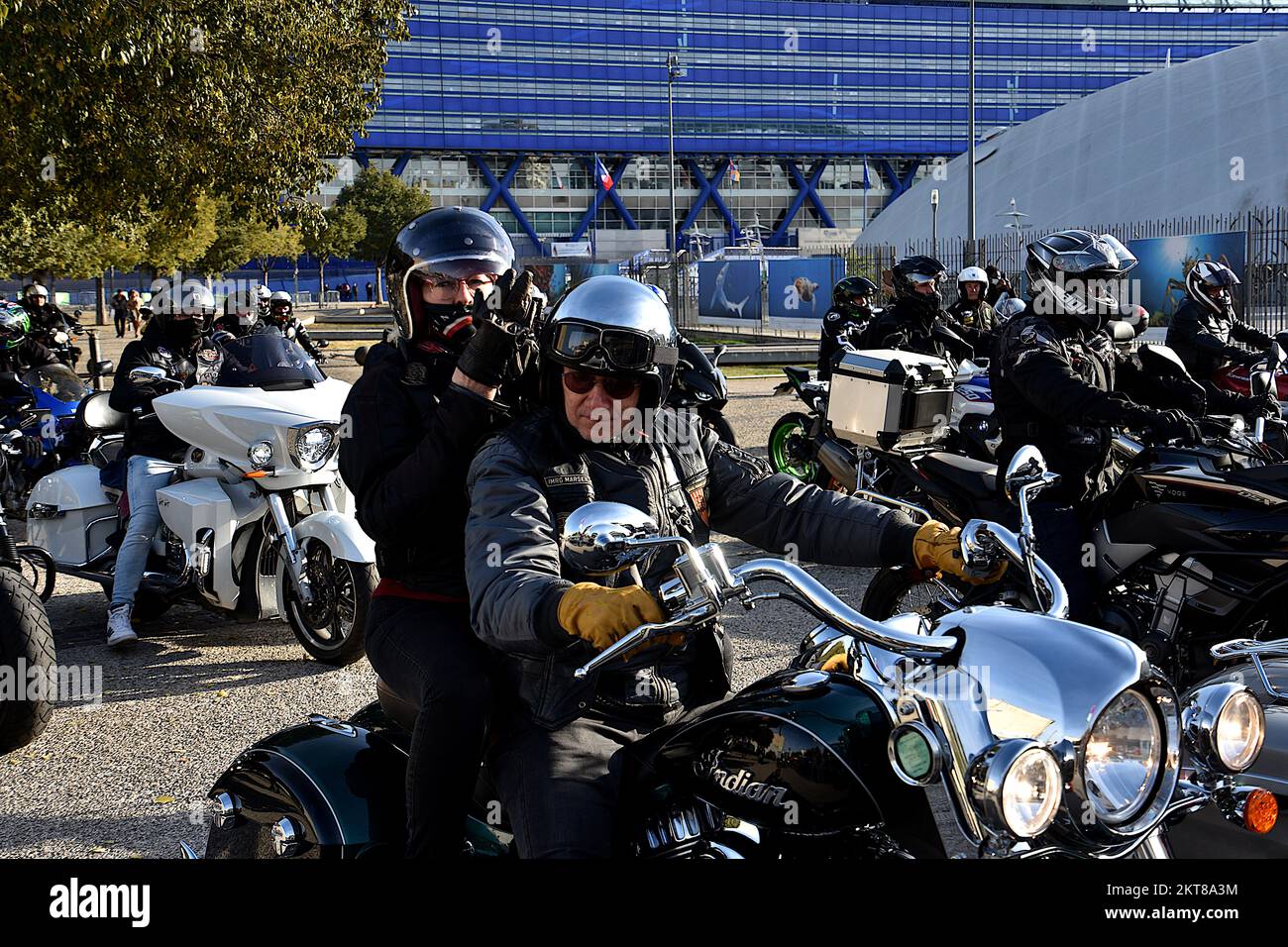 Bikers on their motorcycles are seen during the demonstration. At the ...