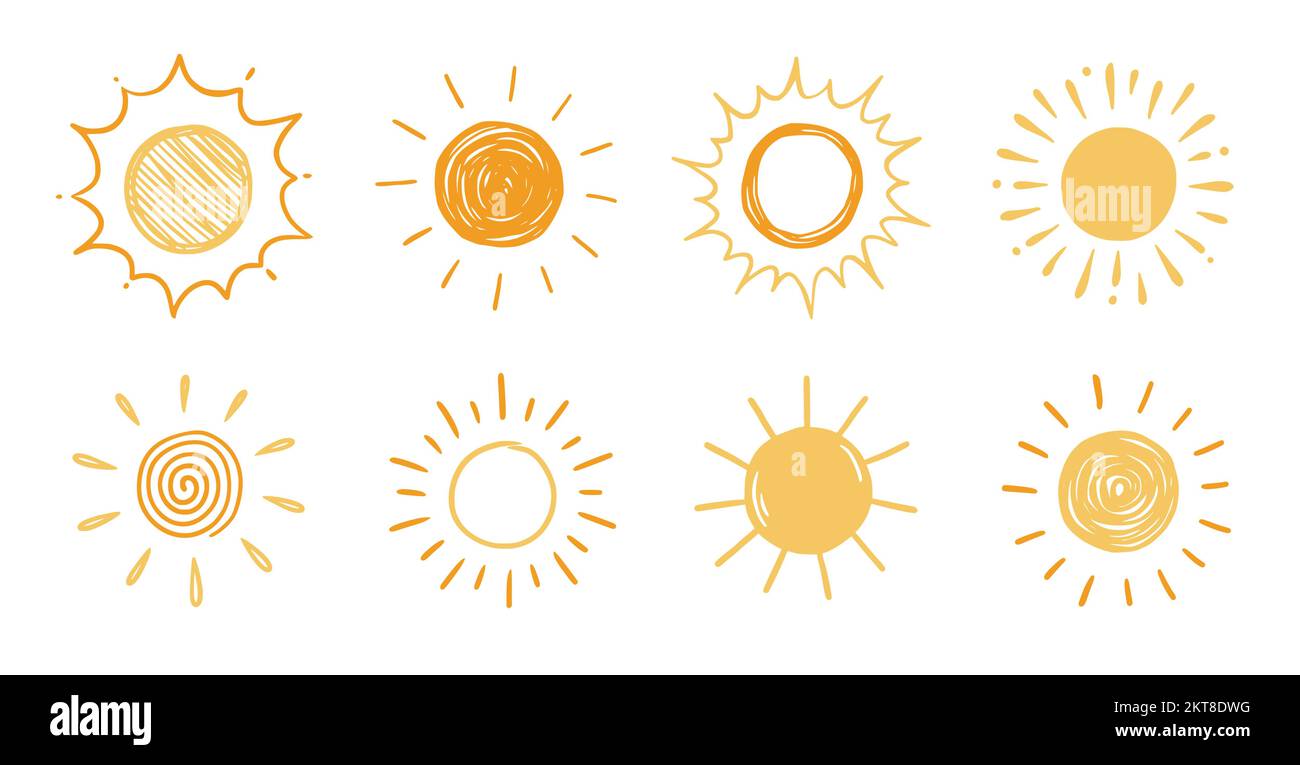 Doodle sun sketch illustration. Hand drawn cute yellow, orange sun set ...