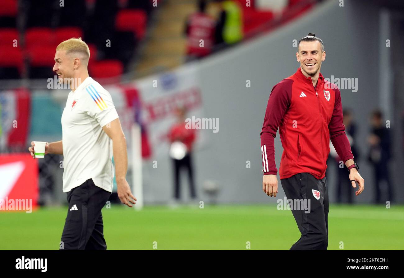 Wales' Gareth Bale and Aaron Ramsey inspect the pitch ahead of the FIFA ...