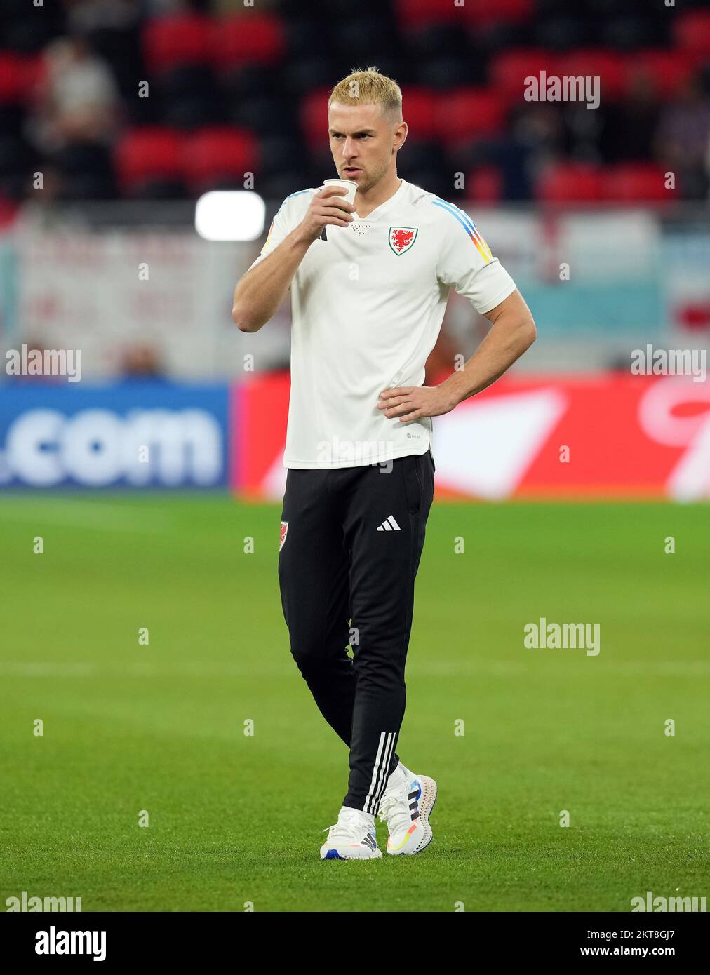 Wales' Aaron Ramsey inspects the pitch ahead of the FIFA World Cup ...