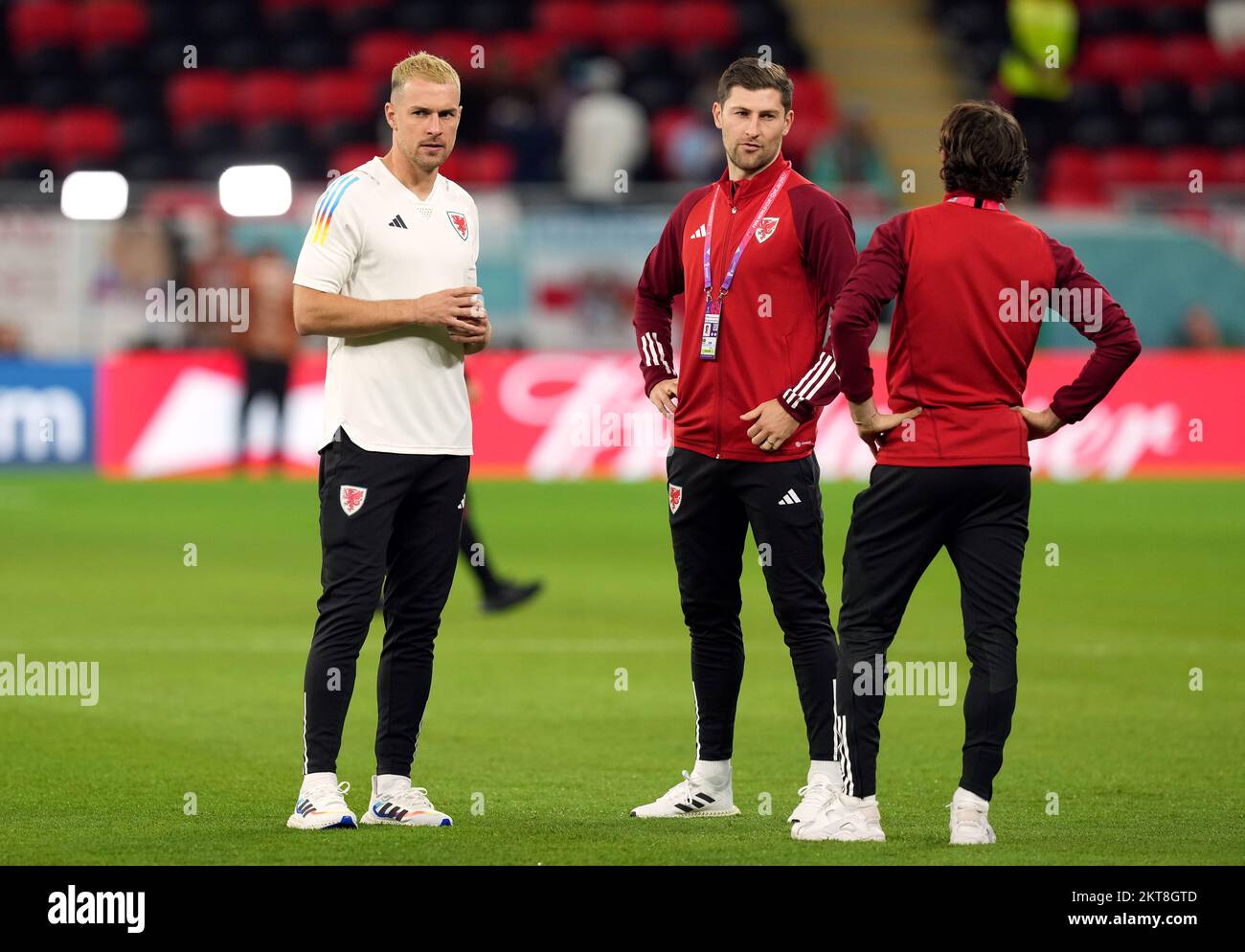 Wales' Aaron Ramsey, Ben Davies and Joe Allen (left-right) inspect the ...