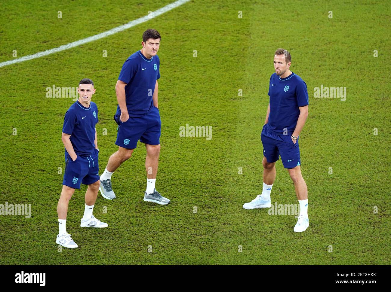 England's Harry Kane (right) with Harry Maguire and Phil Foden (left ...