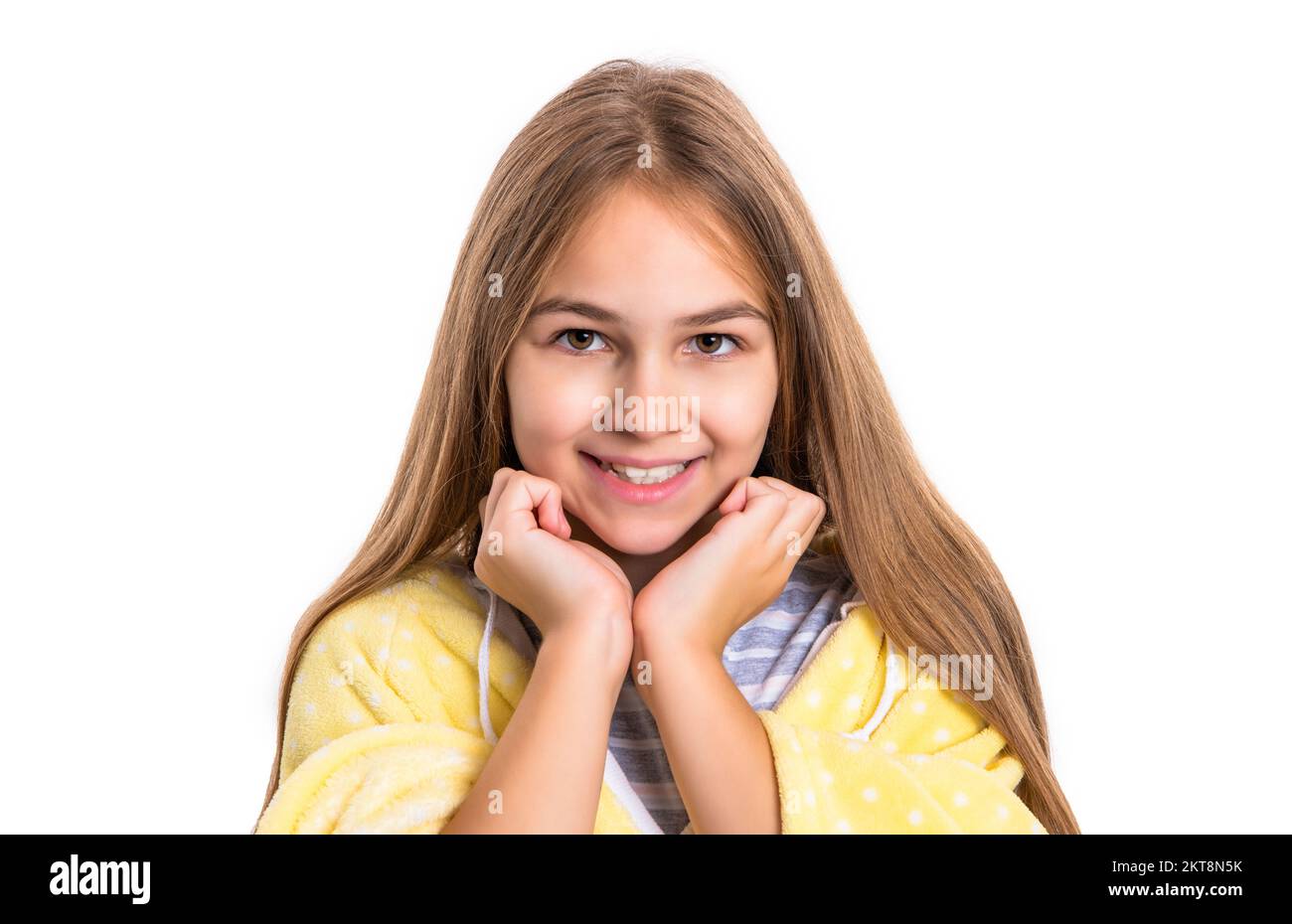 portrait of teen girl with soft skin isolated on white background ...